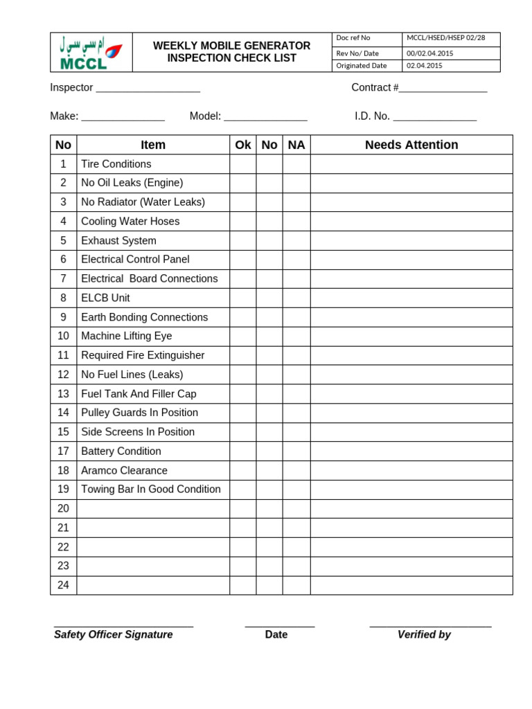 Weekly Mobile Generator Inspection Checklist | PDF