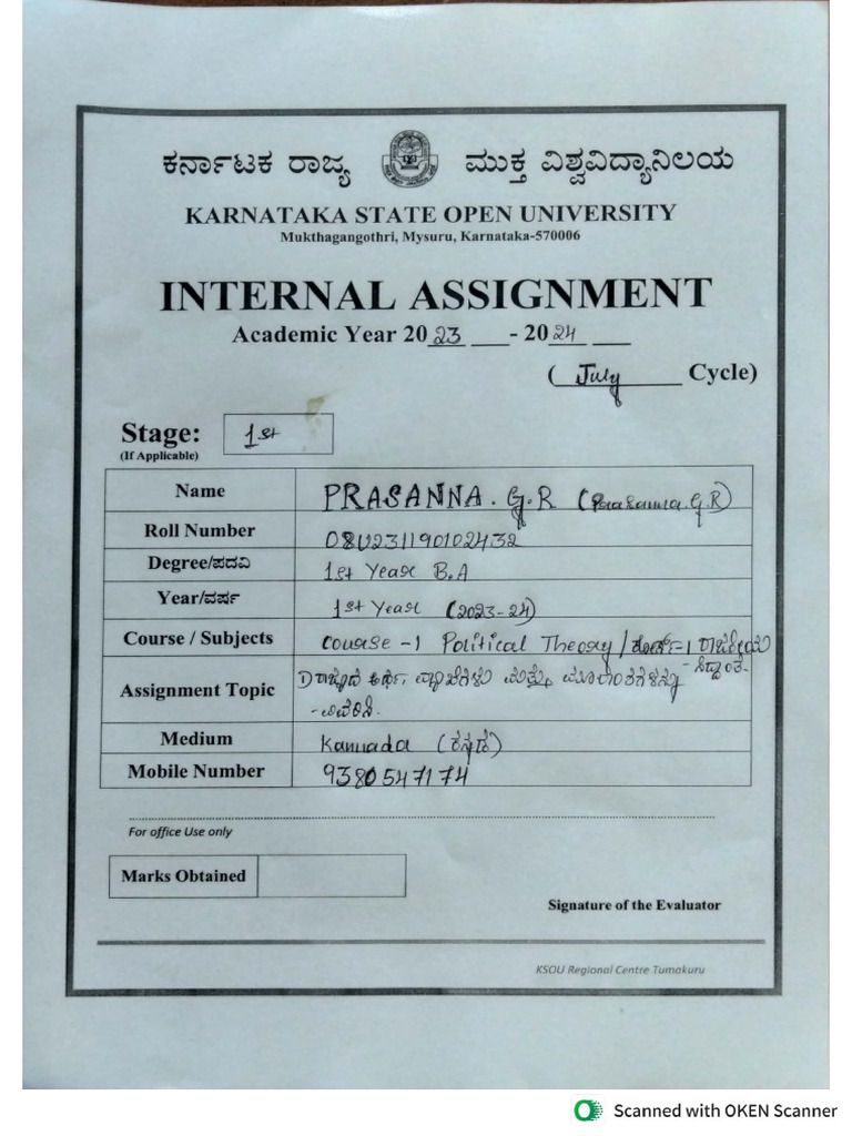 Political Science Assignment 1st Year BA Prasanna G R | PDF