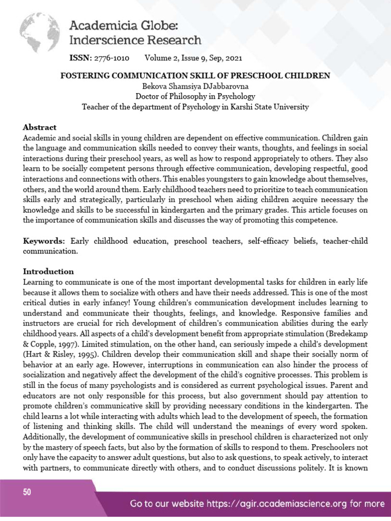 Fostering Communication Skill of Preschool Children | PDF | Self Efficacy | Preschool