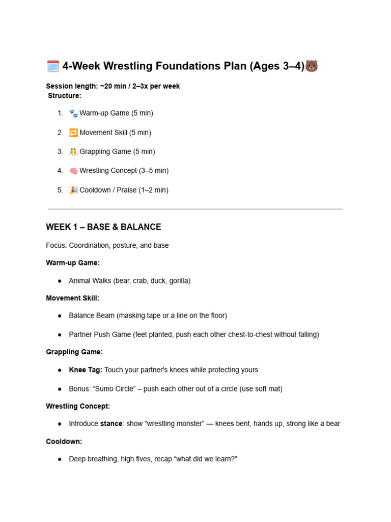 ? 4-Week Wrestling Foundations Plan (Ages 3-4) | PDF | Gymnastics ...