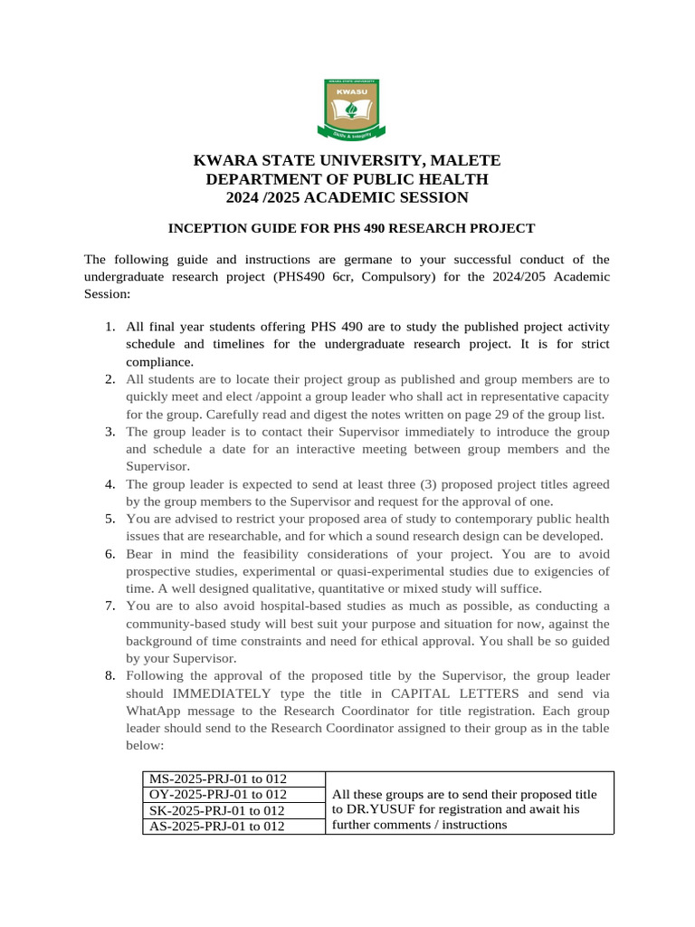 Inception Guide for PHS 490 Research Project_2025 | PDF