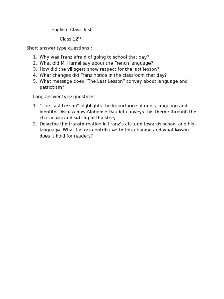 English Class Test 12th | PDF