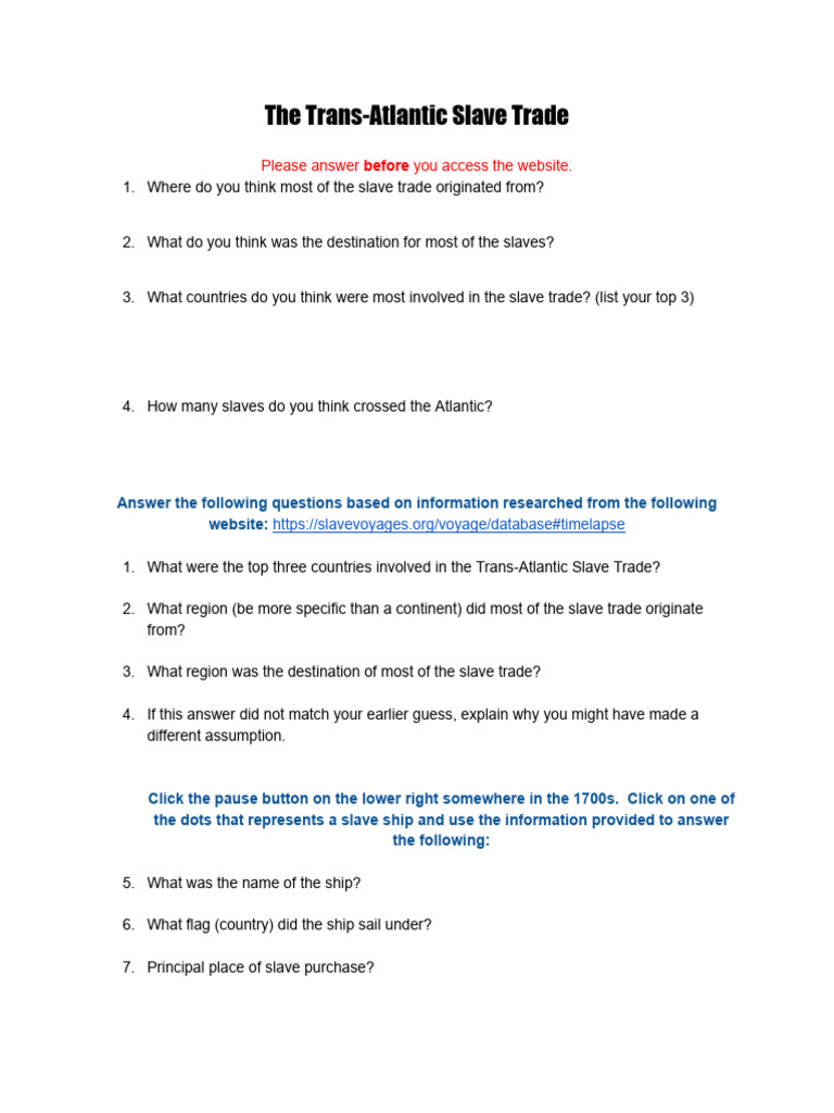 Transatlantic Slave Trade Worksheet | PDF