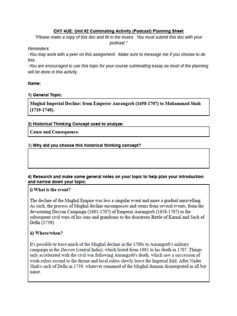 Unit #2 4UE Culminating Task Planning Sheet - | PDF | Mughal Empire