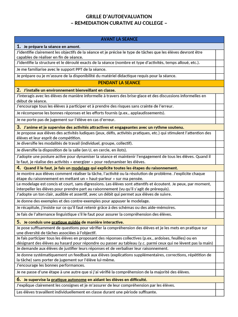 Grille d'Autoévaluation en Remédiation | PDF
