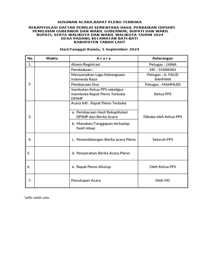 02 Draft Susunan Acara Pleno DPSHP PPS | PDF