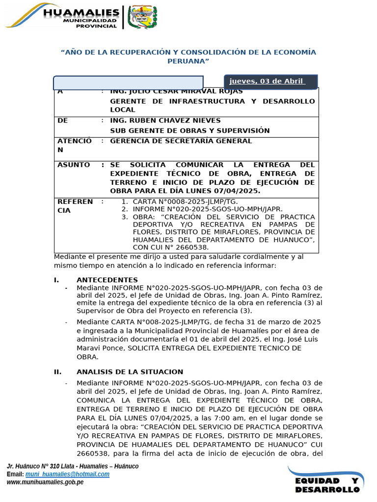 INFORME N°006-2025-SGOS-RCN-MPH-LL-ENTREGA DEL EXPEDIENTE TÉCNICO DELA OBRA EN REFERENCIA 2, AL ...