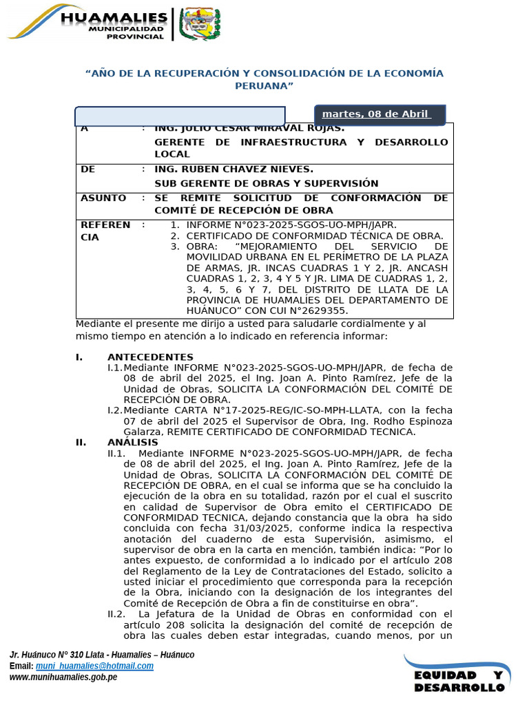 INFORME N°009-2025-SGOS-RCN-MPH-LL-conformación del comité de recepción de obra perímetro plaza ...