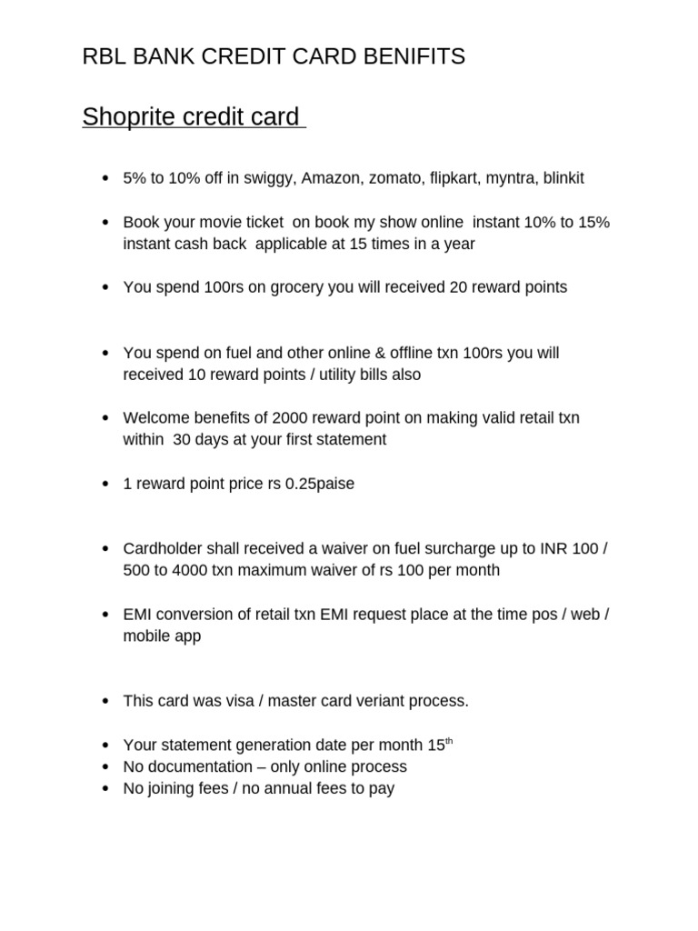 RBL Shoprite Credit Card Benefits Guide | PDF