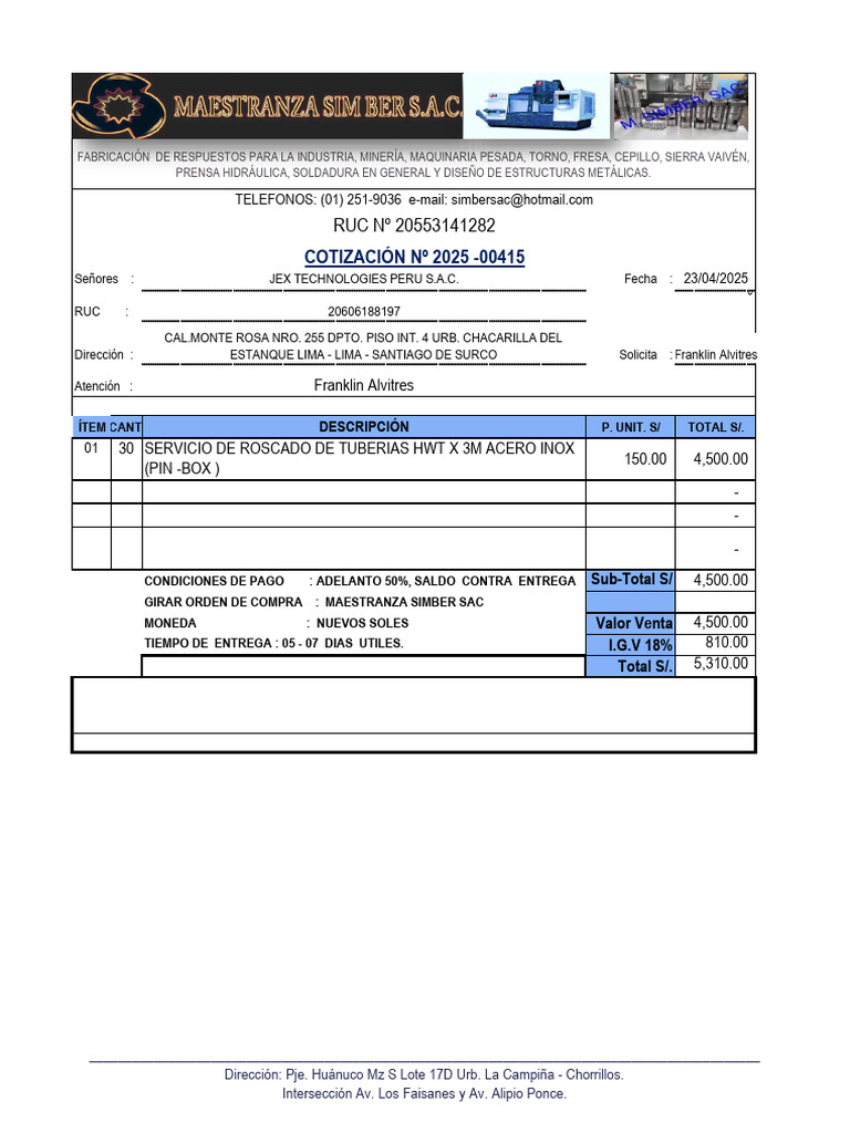 COTIZACION 2025 - 00415 Jex Technologies Perú Sac | PDF