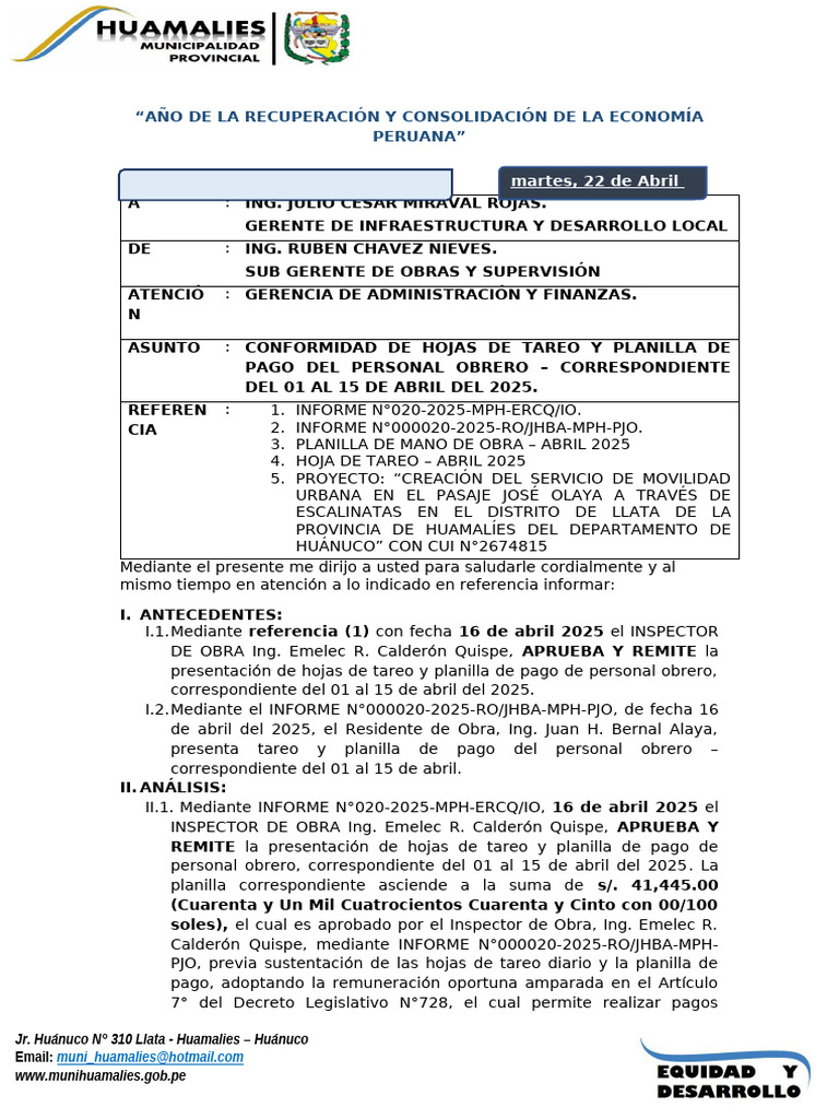 Informe N°029-2025-Sgos-Rcn-Mph-Ll-Conformidad de Hojas de Tareo y Planilla de Pago Del Personal ...