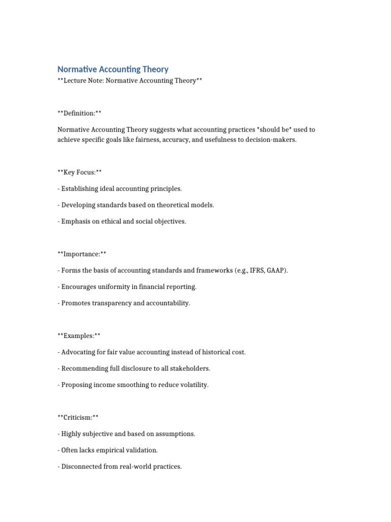 Normative Accounting Theory Lecture Note | PDF