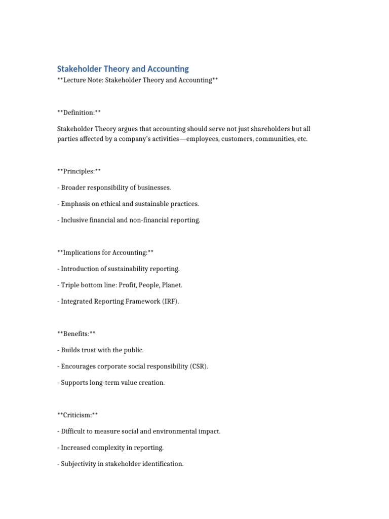 Stakeholder Theory in Accounting | PDF