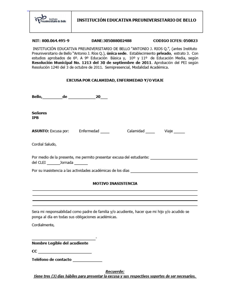 Formato Excusa Inasistencia | PDF