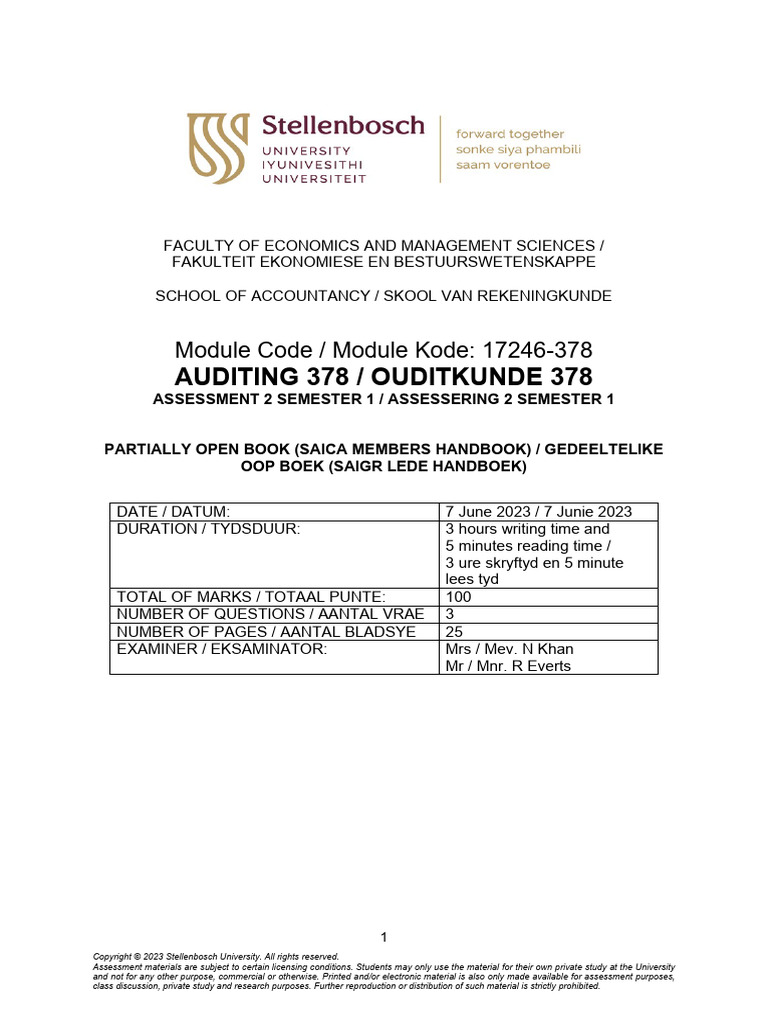 Audit 378 - A2S1 Question Paper | PDF | Bookkeeping | Estate Agent
