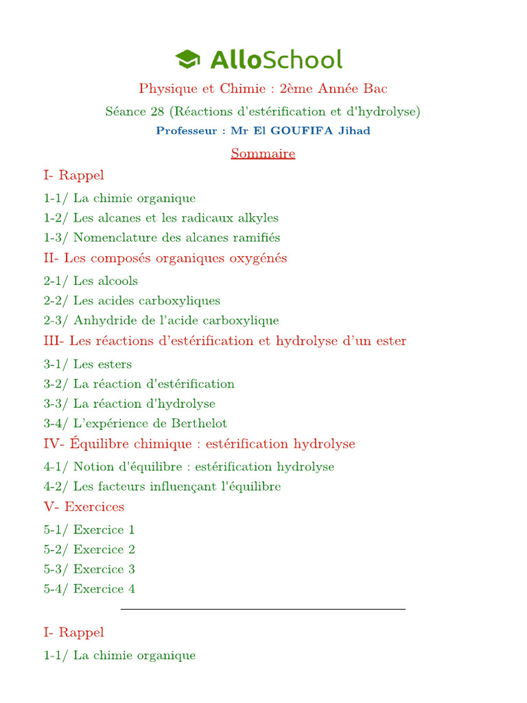 Seance 28 Reactions D Esterification Et D Hydrolyse 2 Pdf