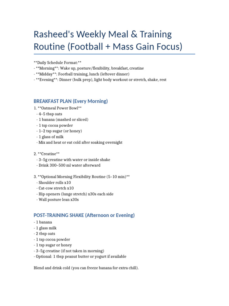 Rasheed Weekly Meal Training Plan | PDF | Lunch | Meal