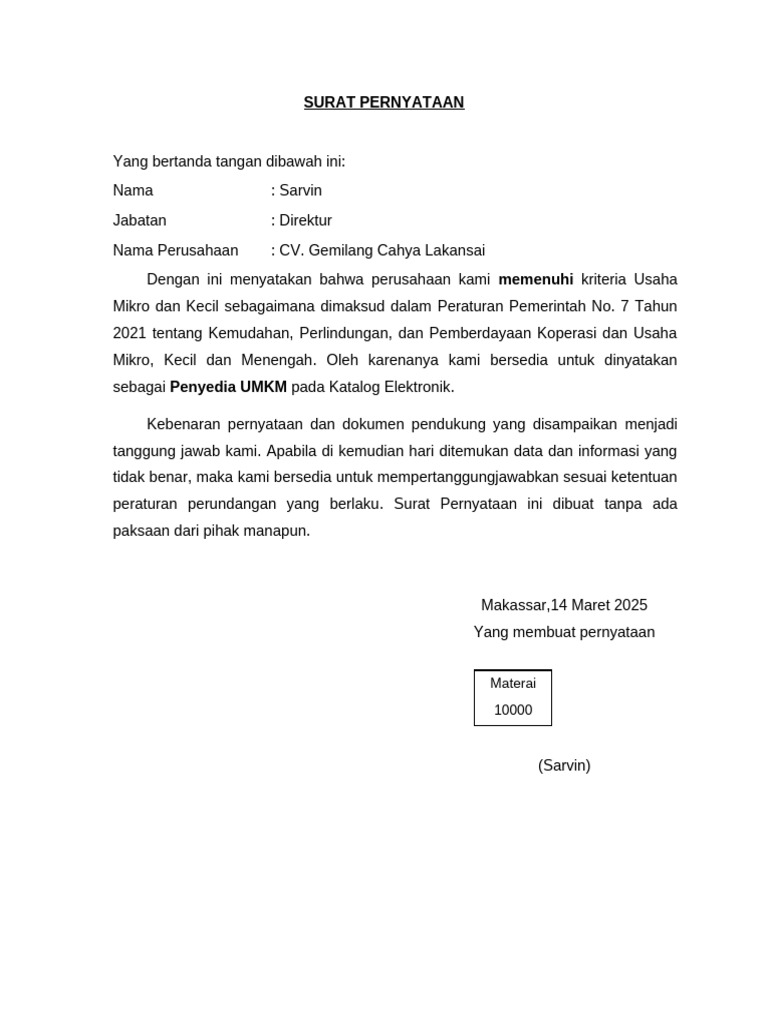Surat Pernyataan UKM | PDF