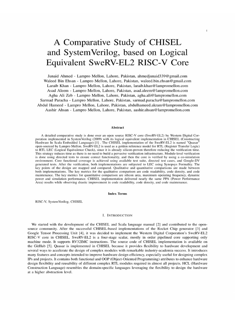 A Comparative Study of CHISEL and SystemVerilog Based On Logical Equivalent SweRV EL2 RISCV Core ...