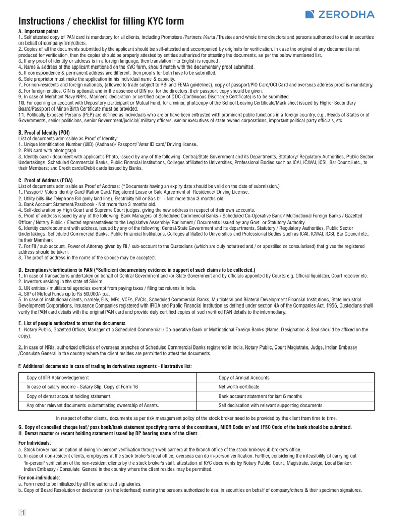 Instructions / Checklist For Filling KYC Form | PDF | Identity Document | Indemnity