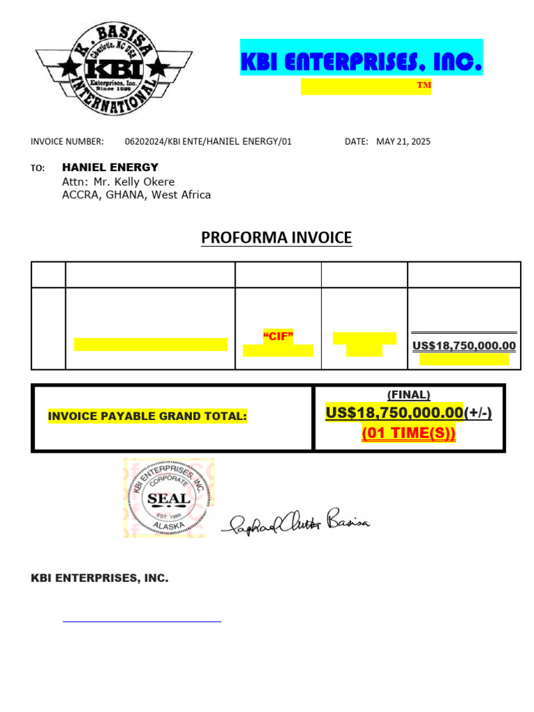 Kbi Enterprises Inc. Haniel Energy Ghana En590 10ppm Proforma Invoice ...
