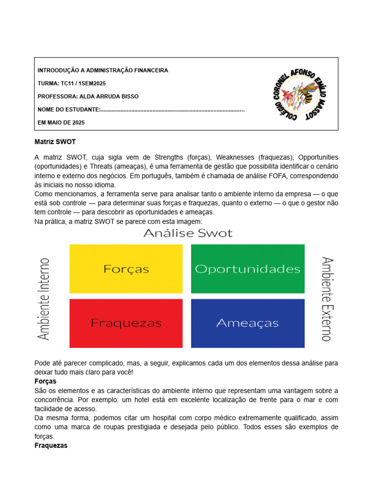 46 A 48 Aulas TC 11 - Int Adm Finc. - Matriz Swot | PDF | Análise SWOT ...