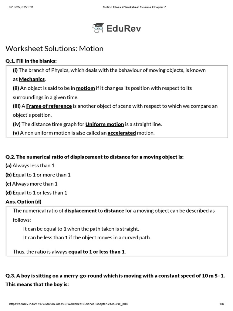 Motion Class 9 Worksheet Science Chapter 7 | PDF | Velocity | Acceleration
