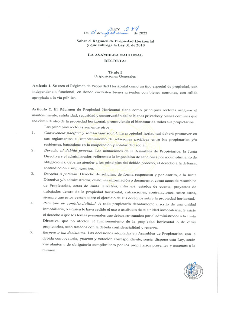 Ley 284 Propiedad Horizontal de 2022 | PDF