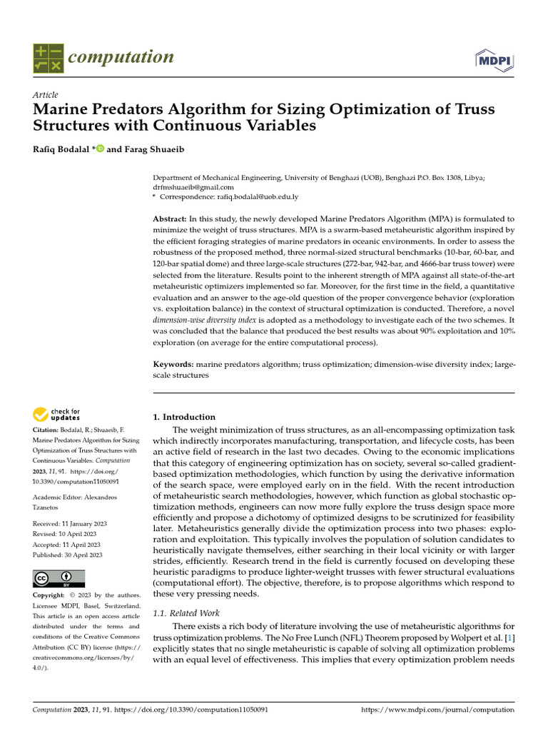 Marine Predators Algorithm For Sizing Optimization of Truss Structures With Continuous Variables ...