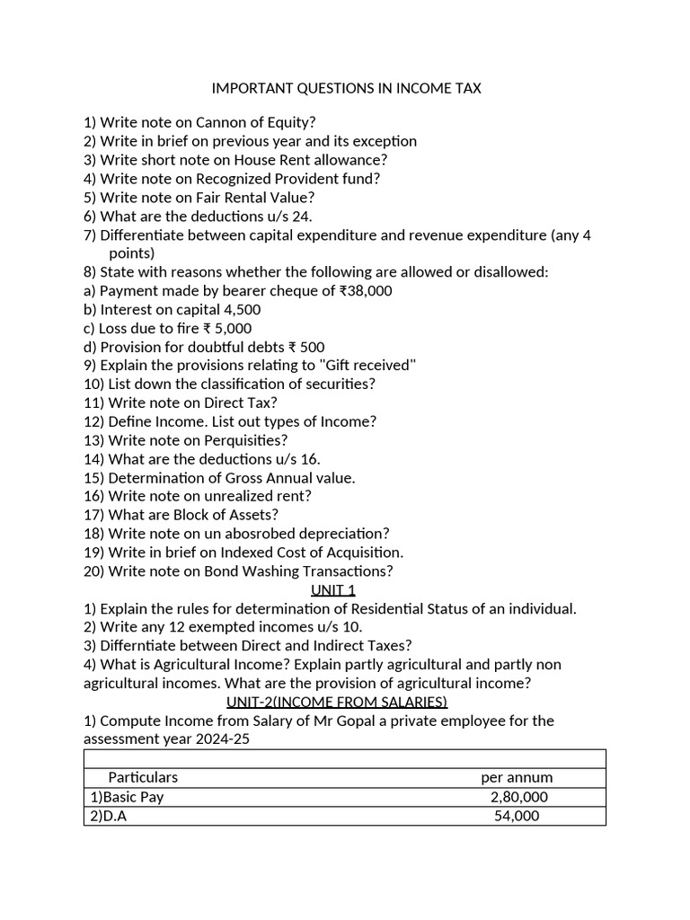 Imoportant Questions in Income Tax | PDF | Expense | Depreciation