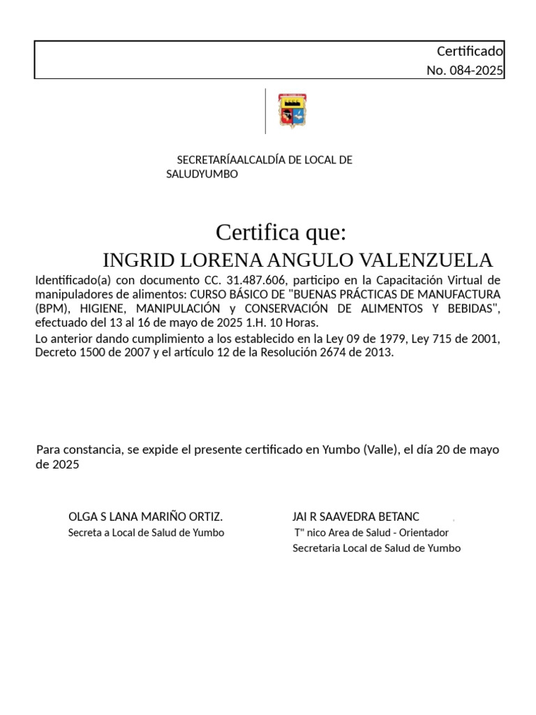Ingrid Lorena Angulo Valenzuela: Certifica Que | PDF