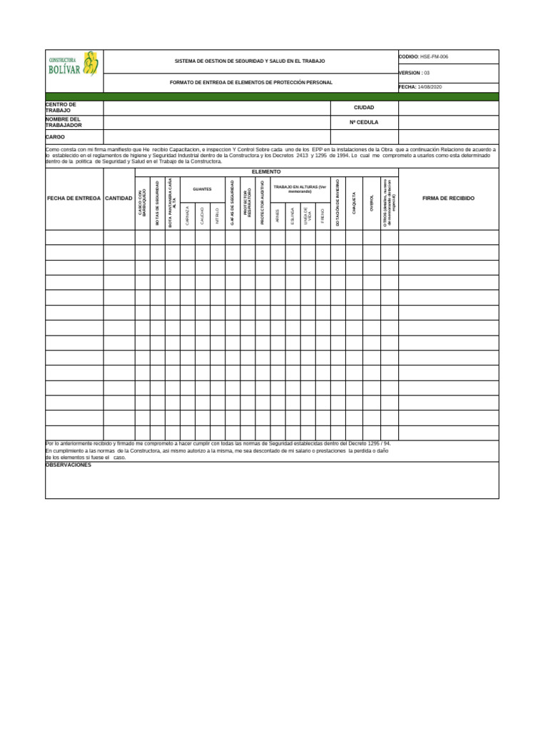 Hse-Fm-006 Registro de Entrega de Epp | PDF