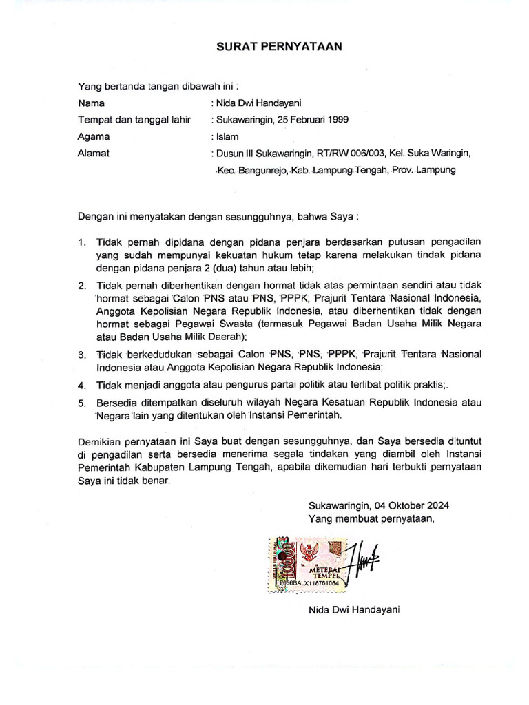 Surat Pernyataan Nida Dwi Handayani | PDF