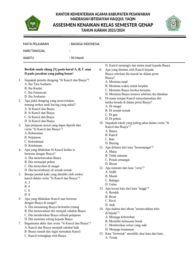 Soal Bindo Uas Kelas 4 | PDF