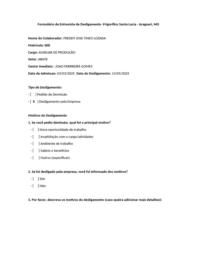 Formulário de Entrevista de Desligamento | PDF