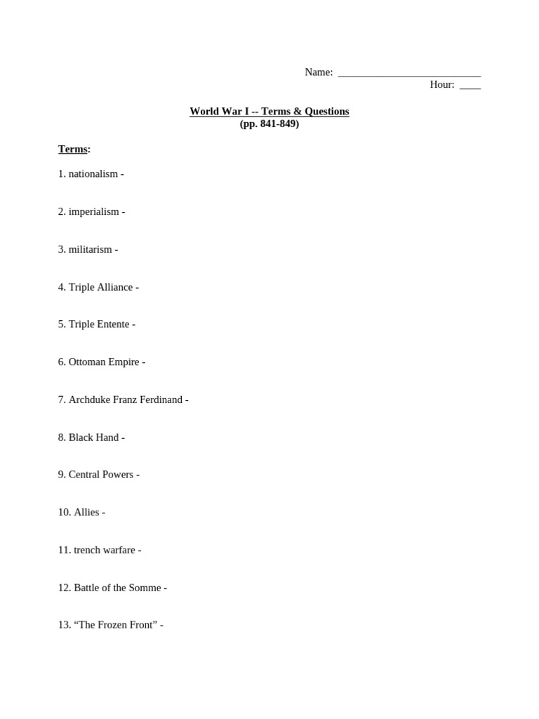 WWI Key Terms and Discussion Questions | PDF