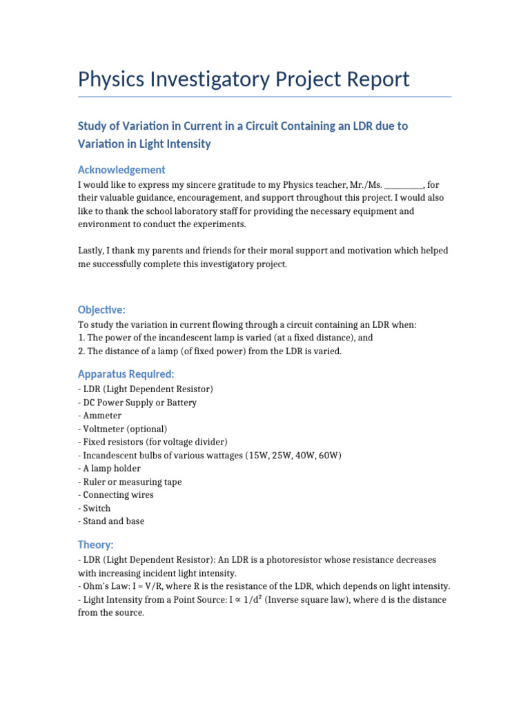 LDR Physics Project Class12 Final | PDF | Resistor | Electric Current
