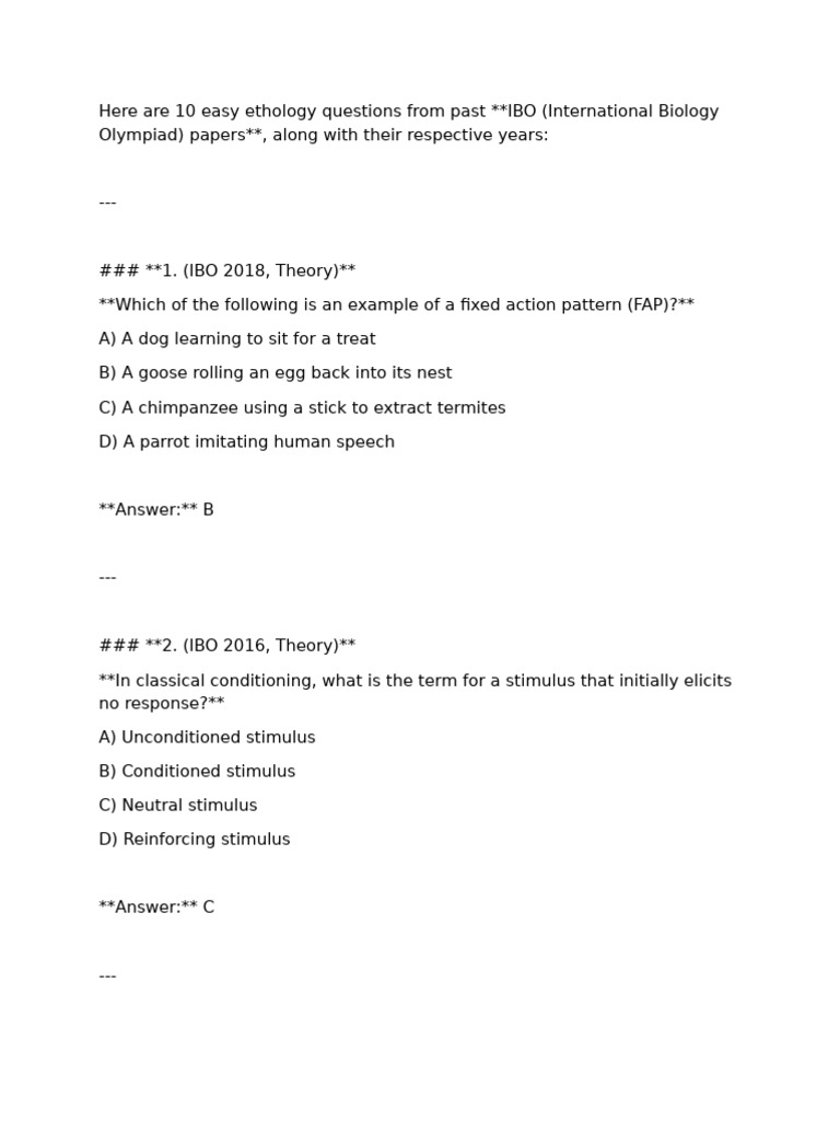 Ethology Questions from IBO Past Papers | PDF | Ethology | Classical ...