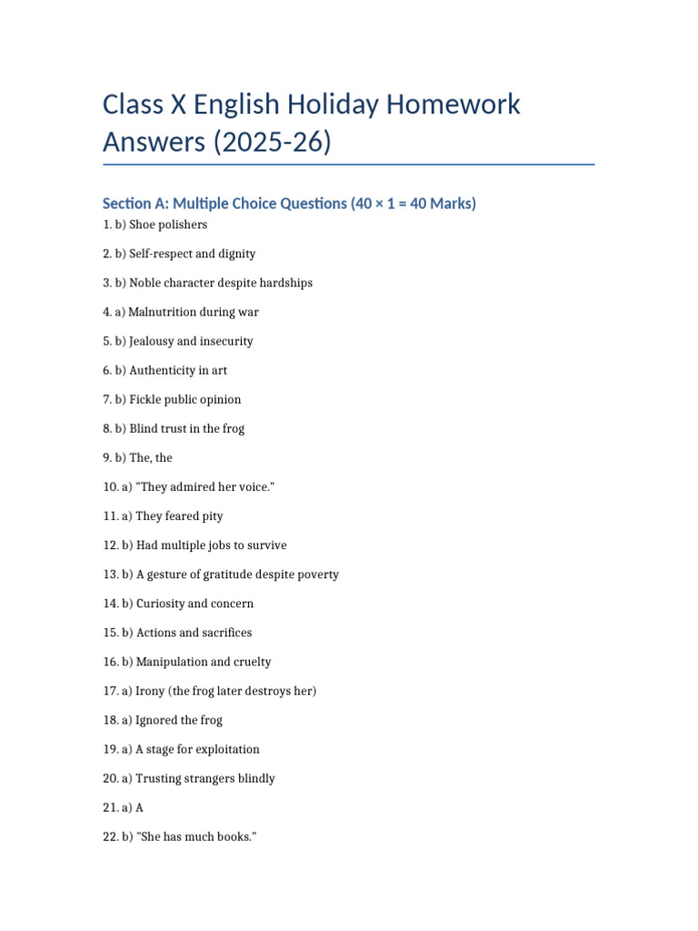 Class 10 English Holiday Homework Answers | PDF