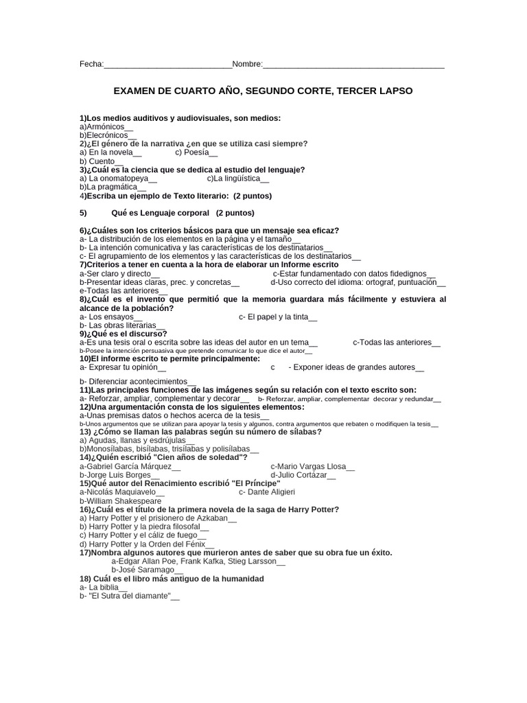 Examen Cuarto Año Segundo Corte Tercer Lapso | PDF | Comunicación humana | Escritura
