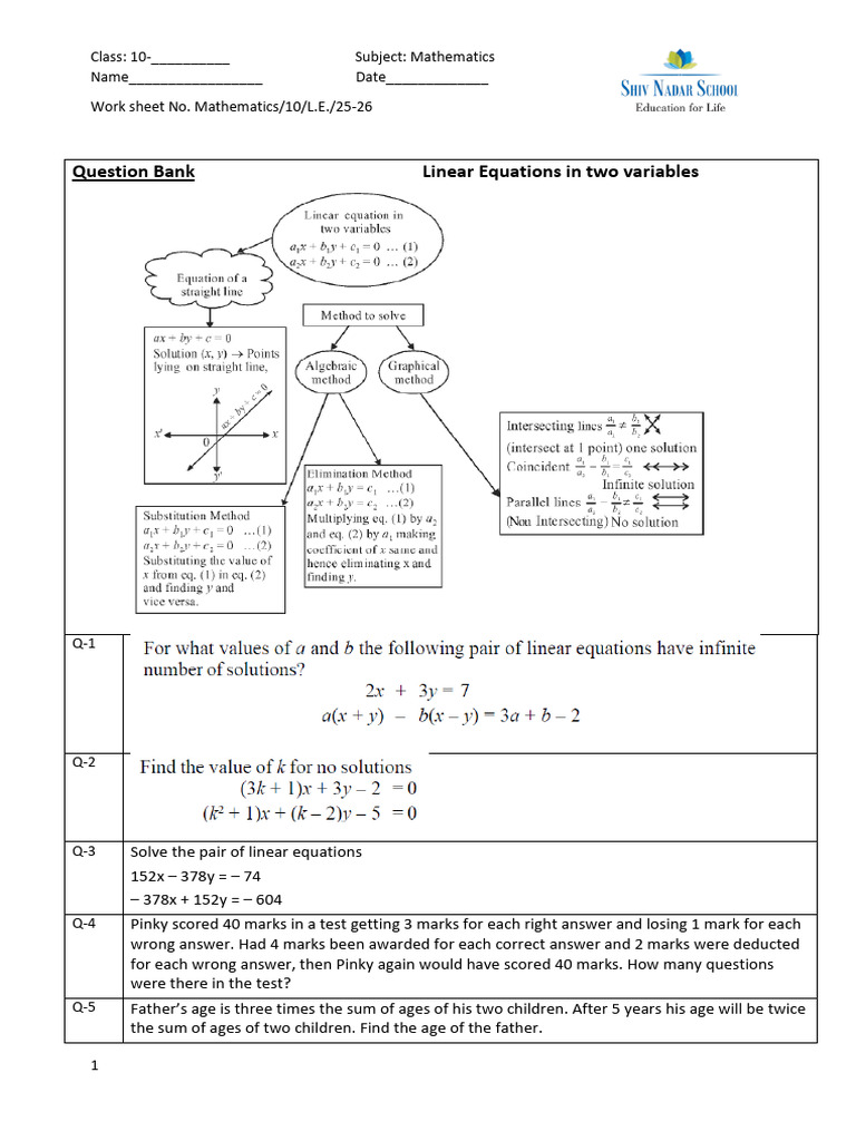 10 - Linear Equations in Two Variables - QB | PDF | Equations | Mathematics