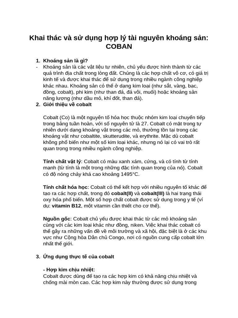 Khai Thác Và Sử Dụng Hợp Lý Tài Nguyên Khoáng Sản - COBAN | PDF
