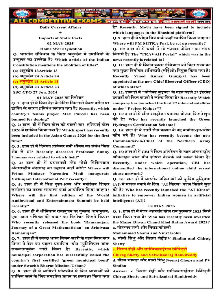 02 May Current Affairs Today | PDF