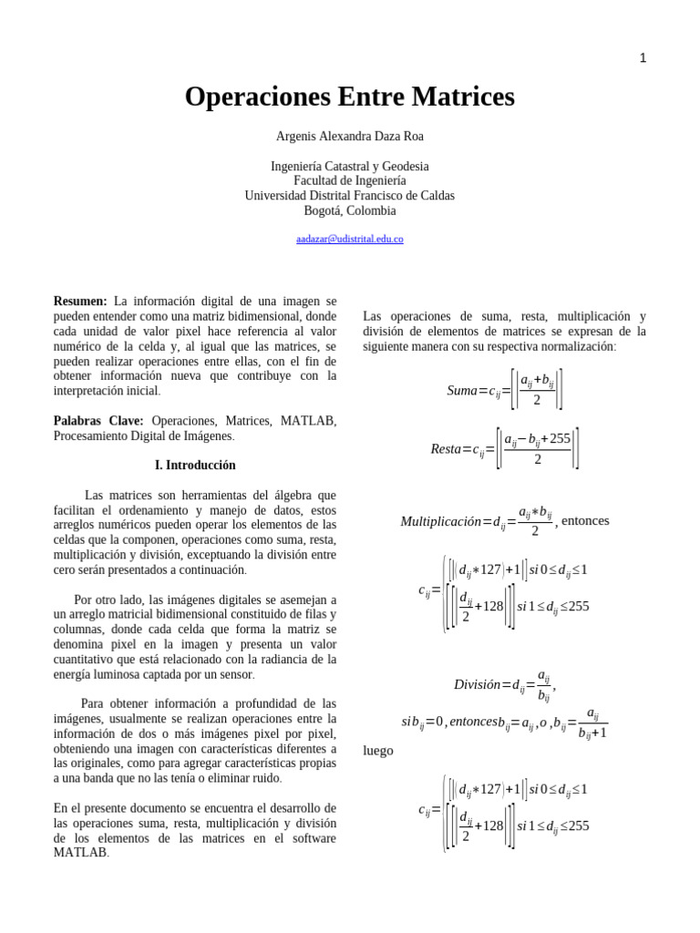 Operaciones Basicas Entre Matrices en Matlab | PDF | Matriz (Matemáticas) | Píxel