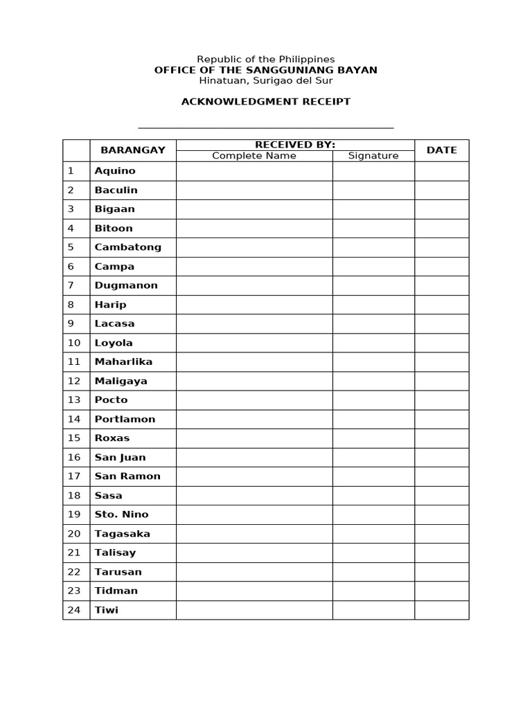 Acknowledgment Receipt for Barangay Residents | PDF