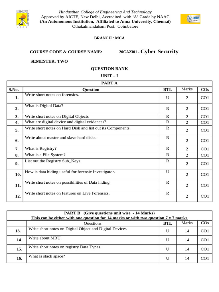 20ca2301cyber Security Question Bank | PDF | Computer Virus | Malware