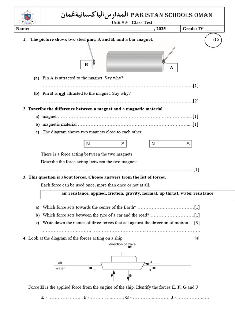 Grade IV Science Test: Forces & Magnets | PDF | Force | Satellite