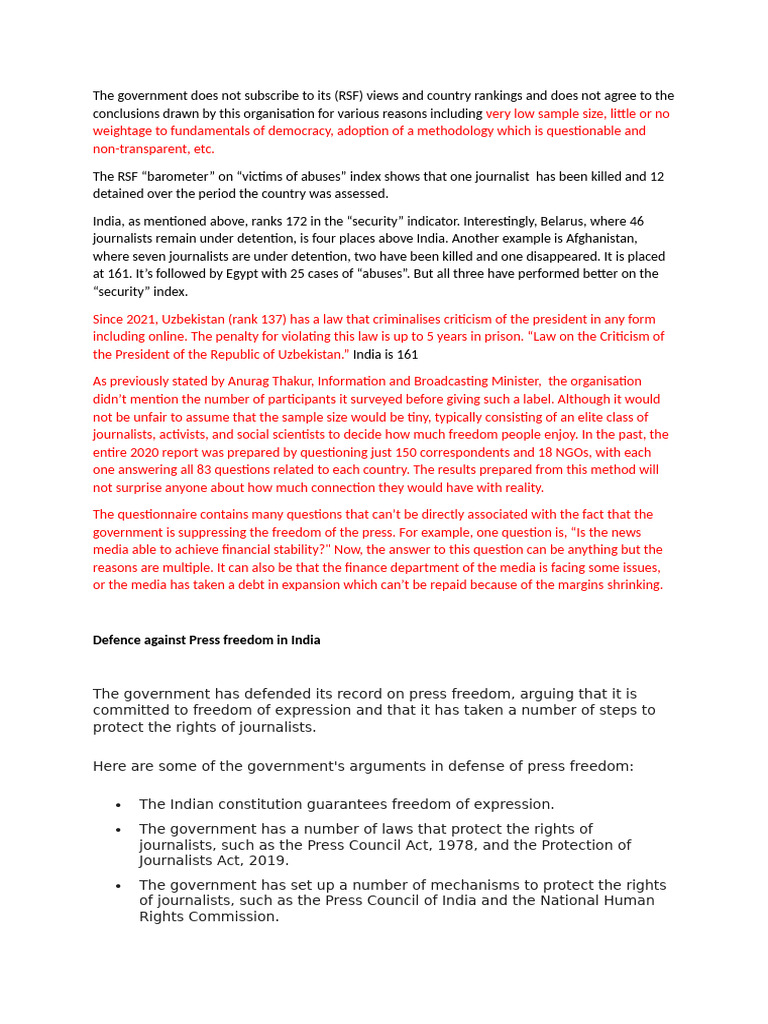 India's Press Freedom Defense and Challenges | PDF | Freedom Of The ...