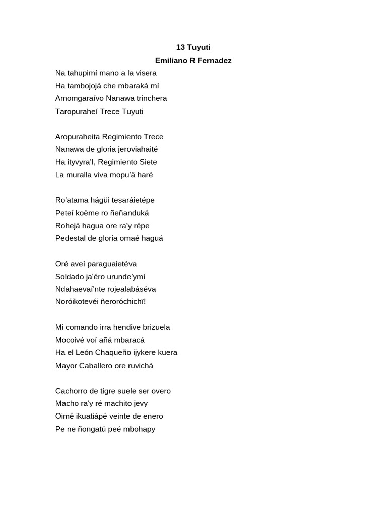 Letra de "13 Tuyuti" en Guaraní y Español | PDF