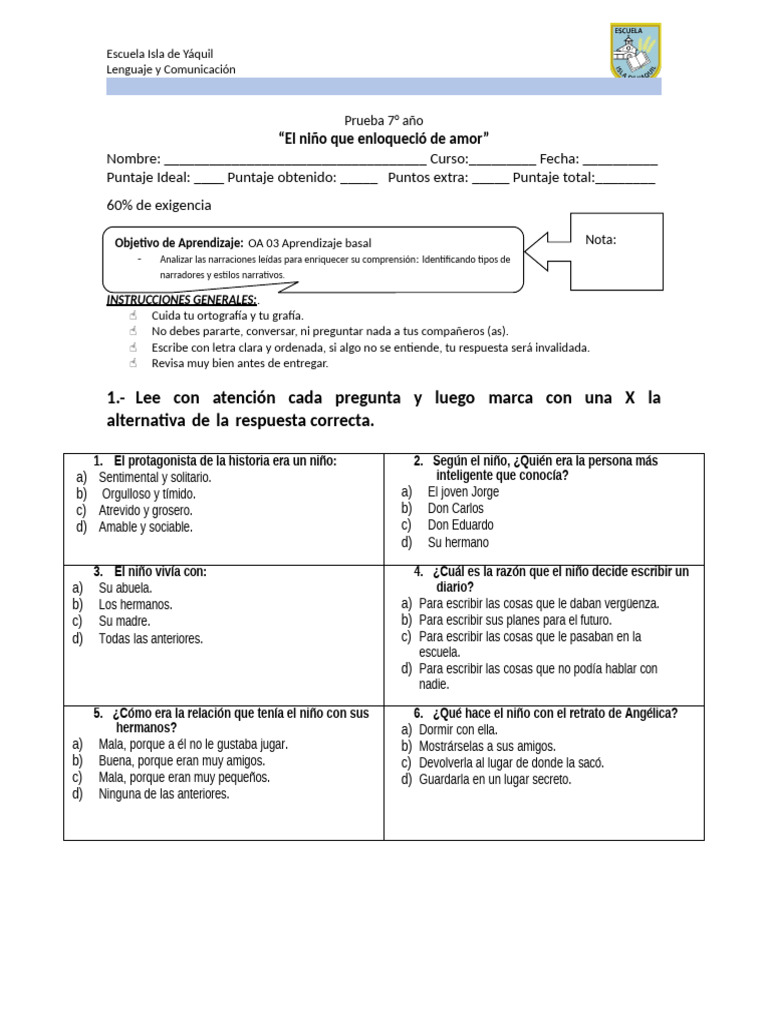 Prueba 7 El Niño Que Enloquecio de Amor | PDF